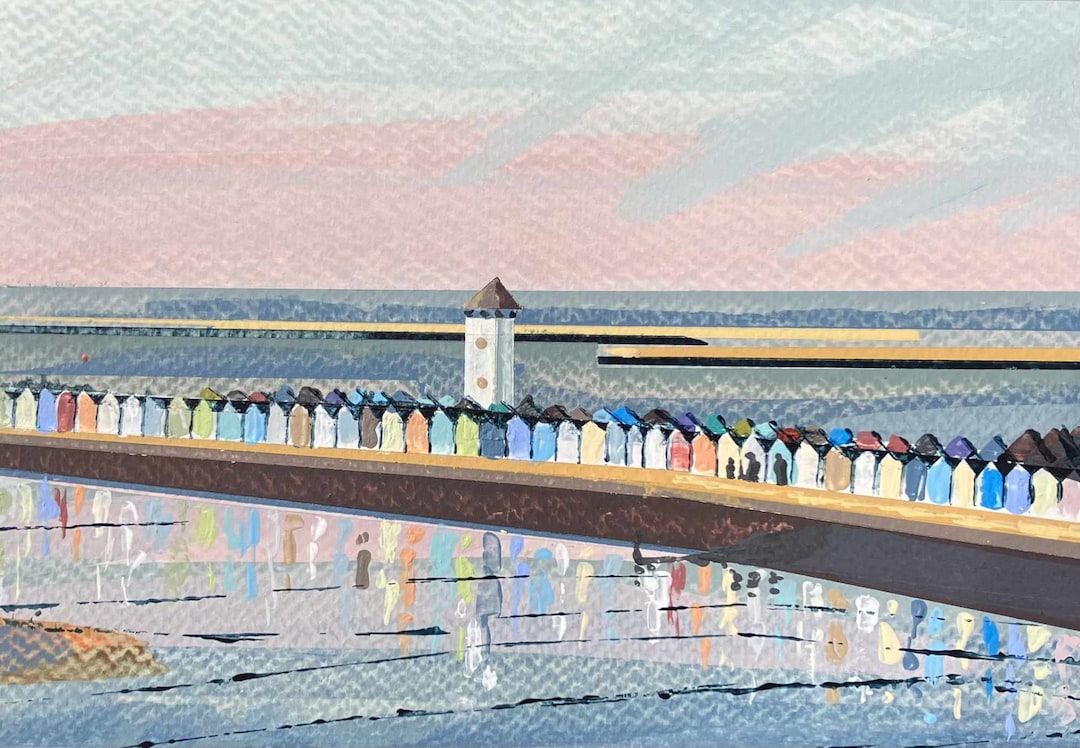 Western Promenade Original Acrylic Painting, Black Wood Frame. Beach Huts and Bateman's Tower ...