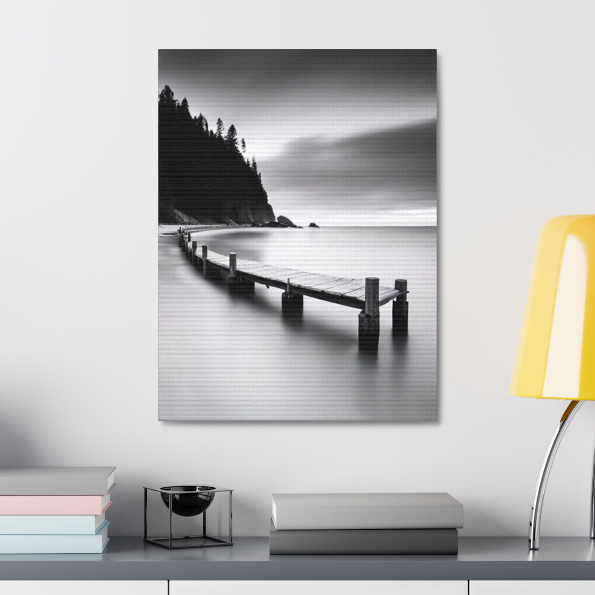 Black and White Calm and Tranquil Beach Scene, Wooden Walkway, Printed ...