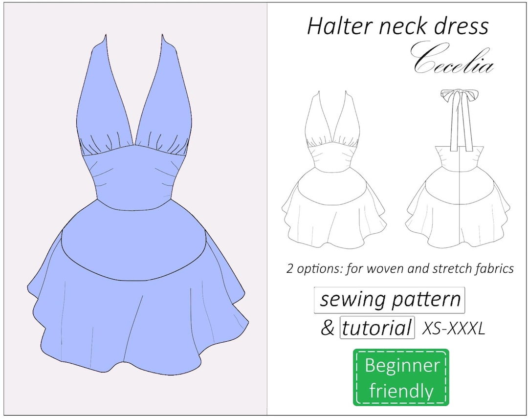 Halter Neck Dress Pattern Cecelia, Open Back Dress Sewing Pattern PDF ...