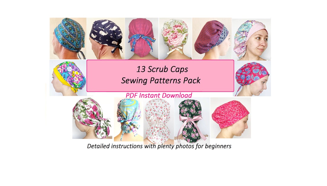 Scrub Cap Pattern Pack, Scrub Hat Sewing Pattern Scrub Cap Ponytail PDF Scrub Caps for Women ...