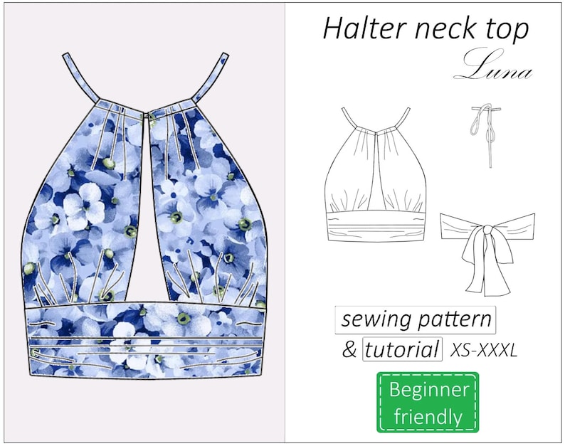 Top Pattern Luna, Backless Halter Neck Top Sewing Pattern PDF, Y2k Open ...
