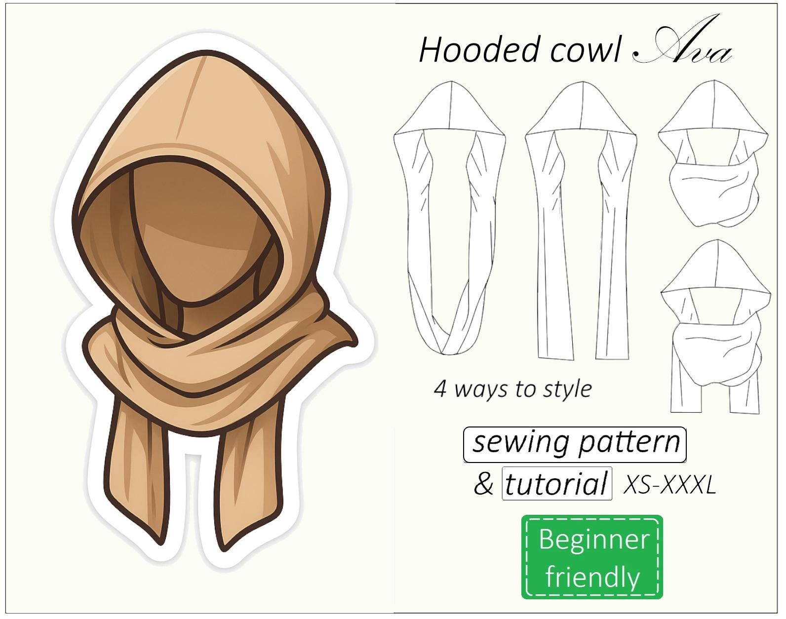 Hood Sewing Pattern Ava, Cozy Scarf Hooded Cowl, Cloak Pattern PDF ...