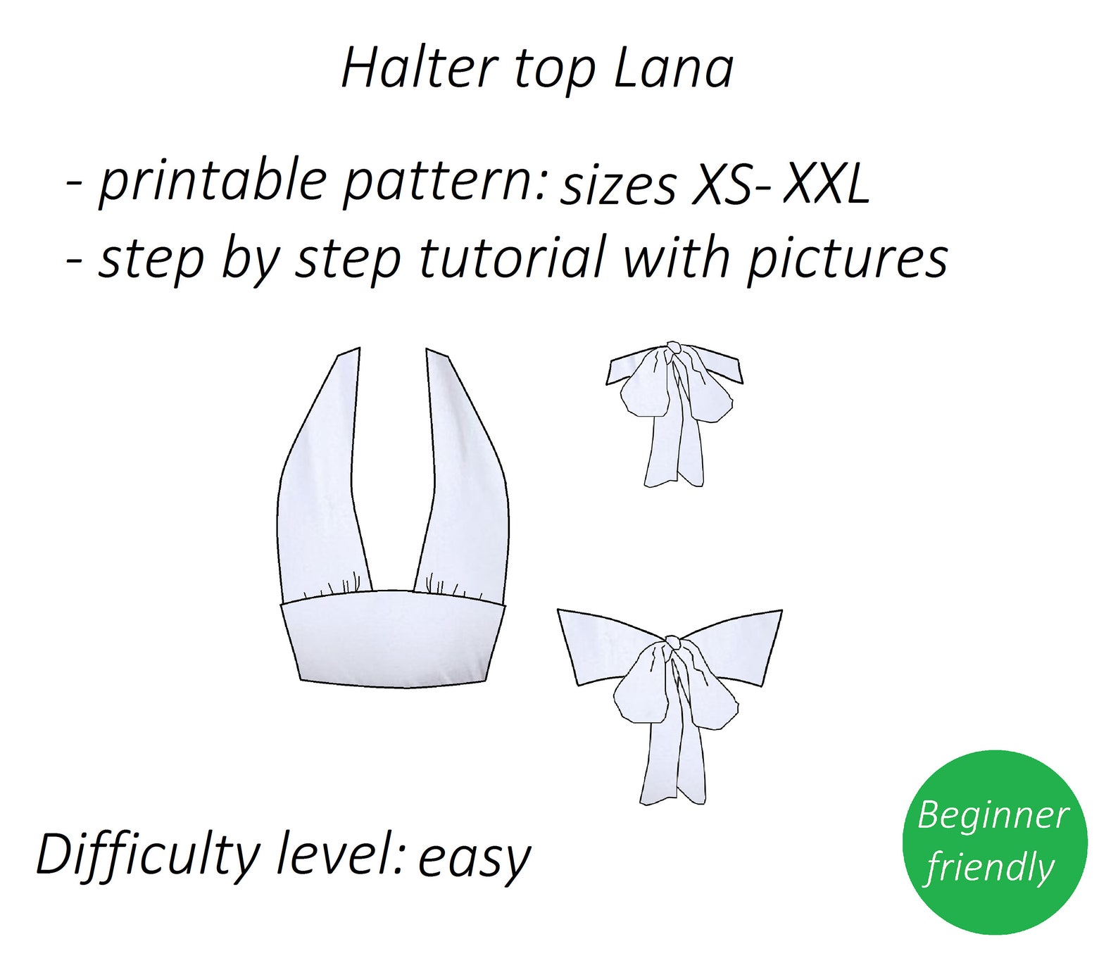 Halter Top Pattern Lana, Crop Top Pattern PDF, Halter Neck Top Sewing ...