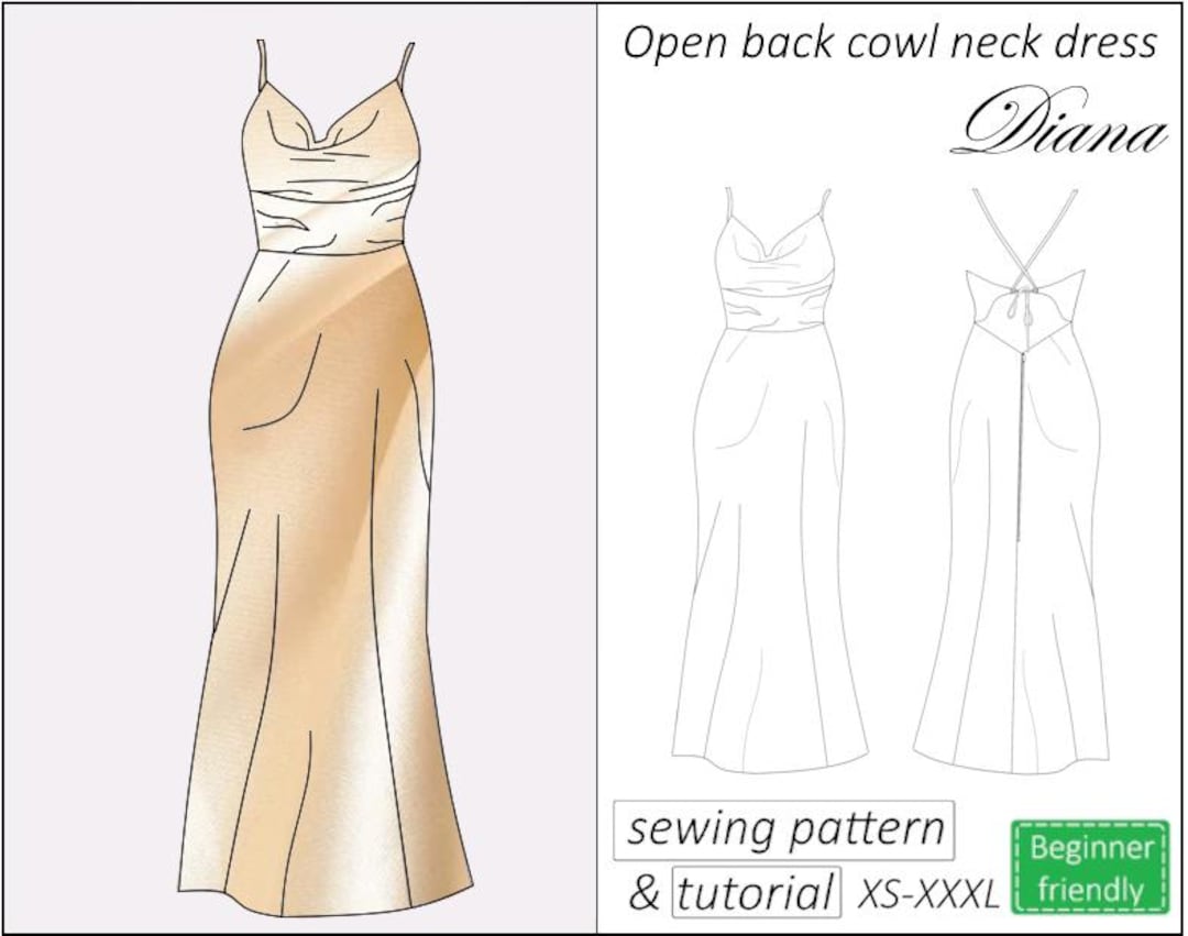 Open Back Dress Pattern Diana, Cowl Neck Prom Dress Sewing Pattern PDF ...