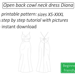 Open Back Dress Pattern Diana, Cowl Neck Prom Dress Sewing Pattern PDF ...