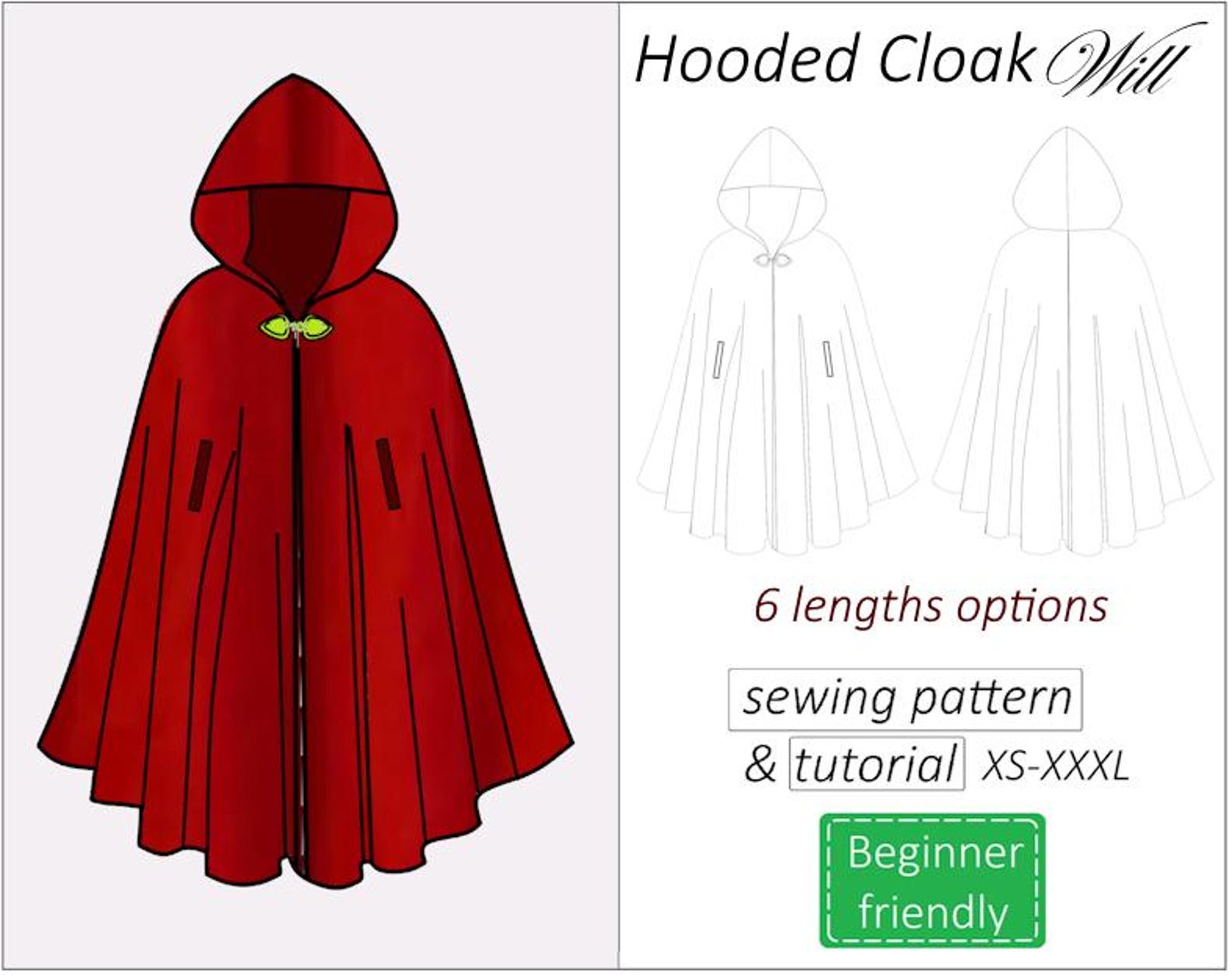 Cloak Sewing Pattern Will, Cloak With Hood Pattern PDF Medieval Magical ...