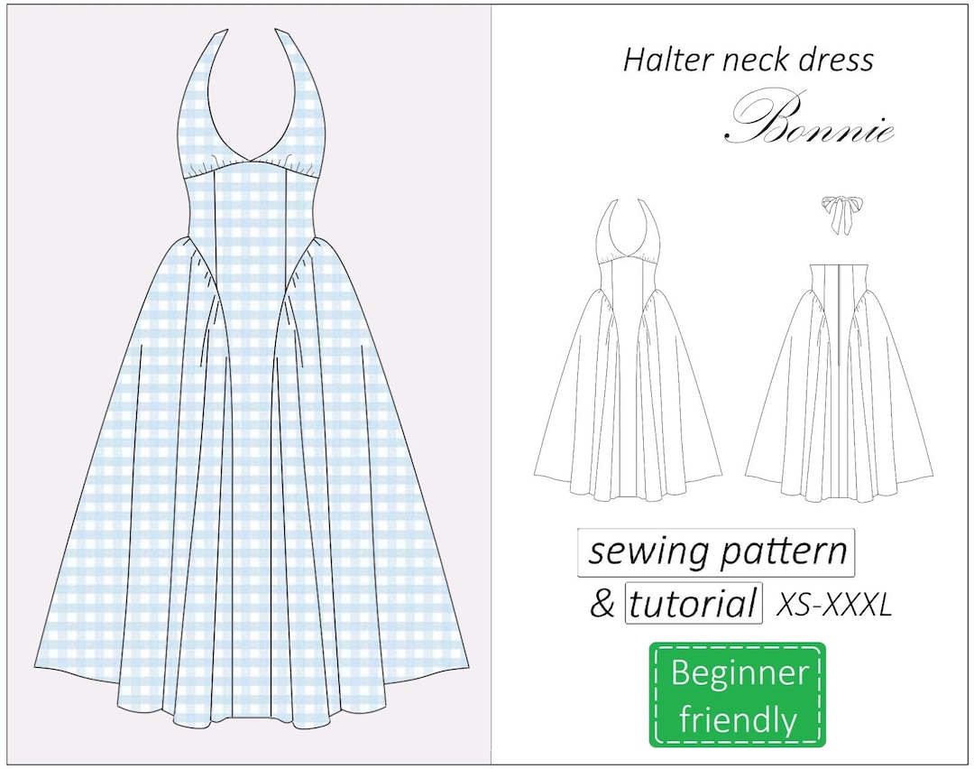 Halter Neck Dress Pattern Bonnie, Open Back Dress Sewing Pattern PDF ...