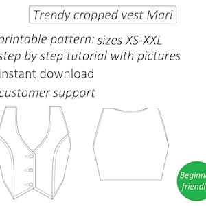 Vest Sewing Pattern Mari, Cropped Waistcoat Pattern PDF Short, Button ...