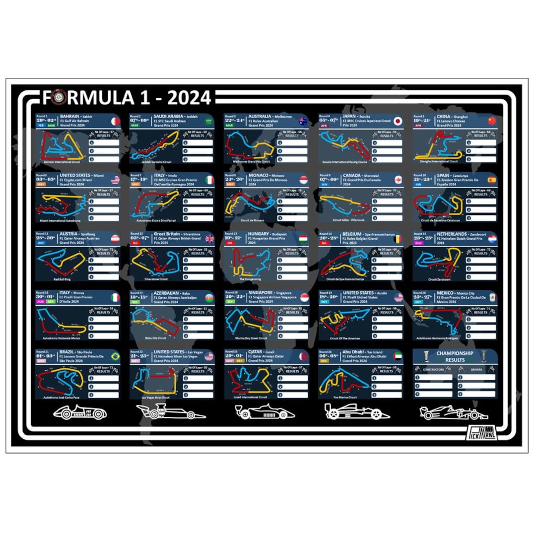 Formula 1 Racing Schedule 2024 Wallchart SRA3 Poster 450mm X 320mm ...