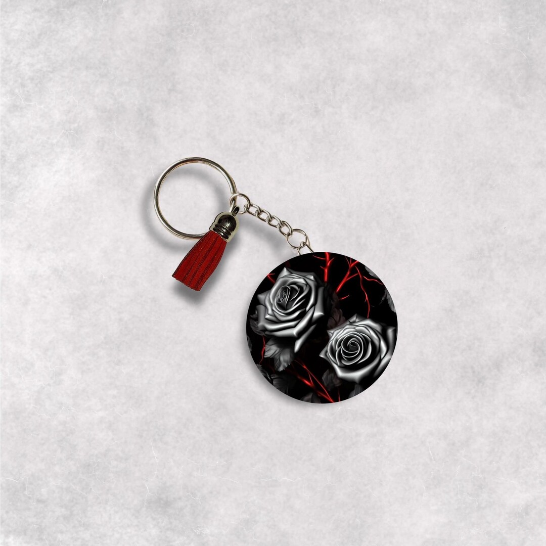 Dark Roses Key Ring With Tassel, Gothic Roses Design, Sublimation Key ...