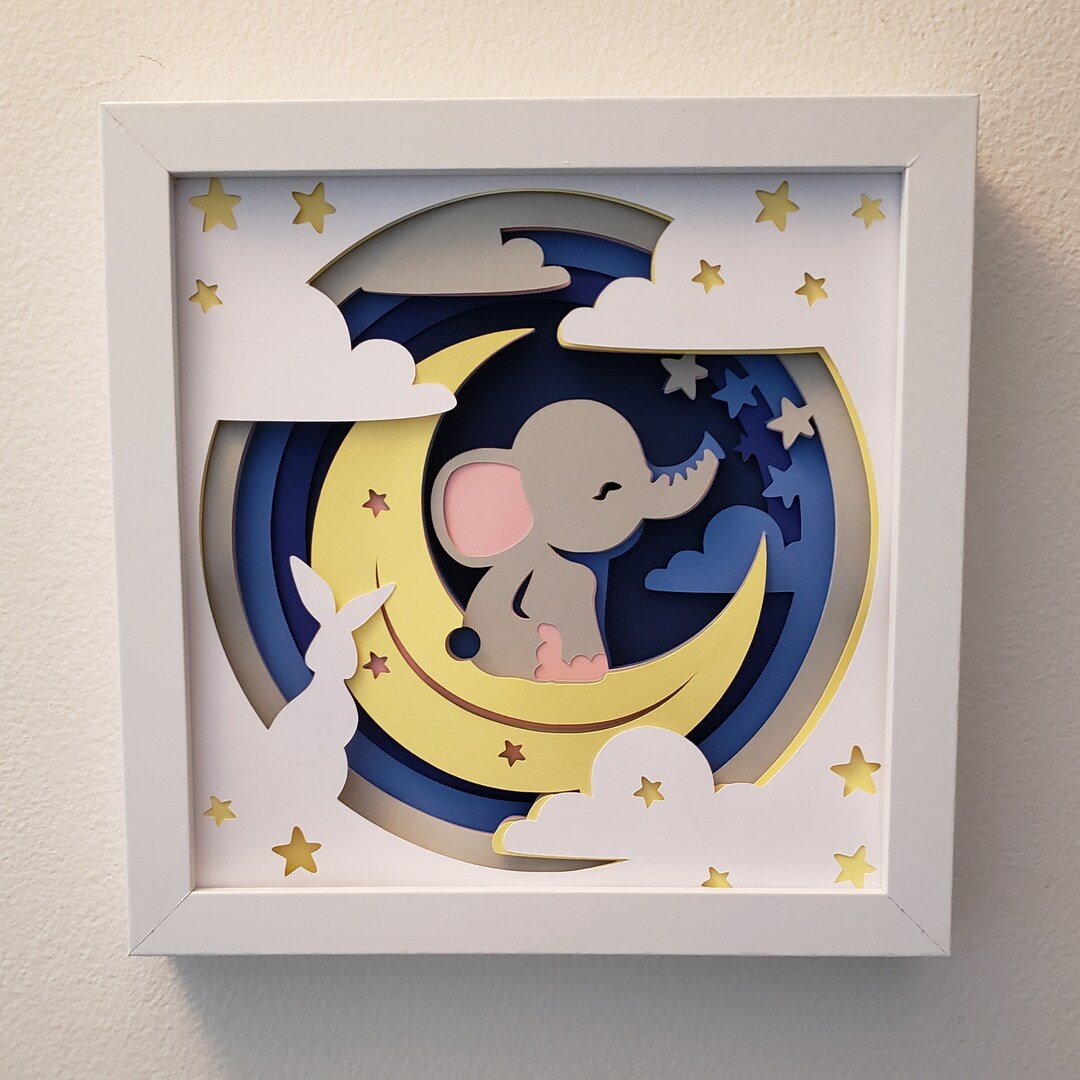 Nursery Elephant 3D Shadow Box Wall Art, Layered Premium Paper, Framed ...
