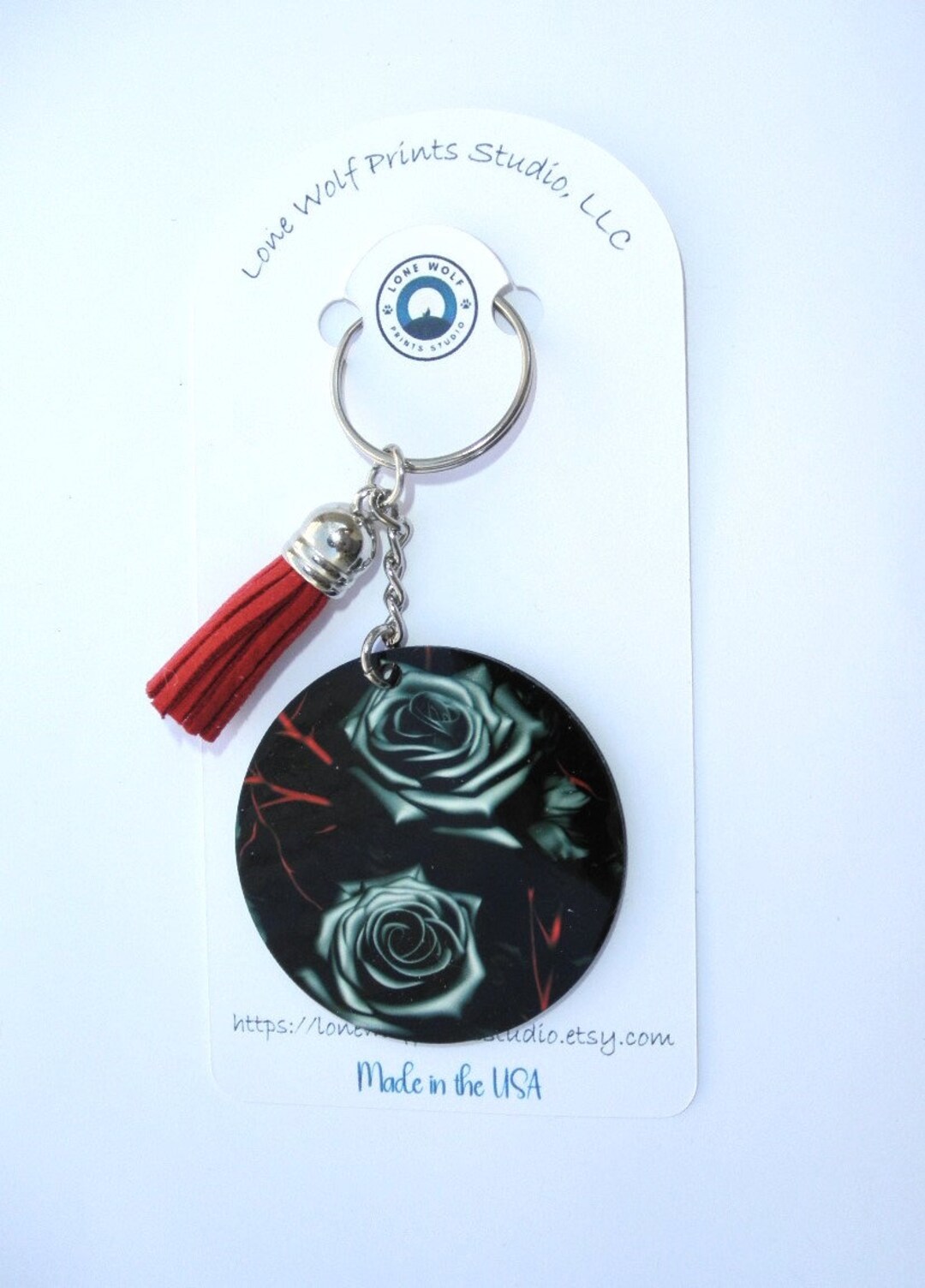 Dark Roses Key Ring With Tassel, Gothic Roses Design, Sublimation Key ...