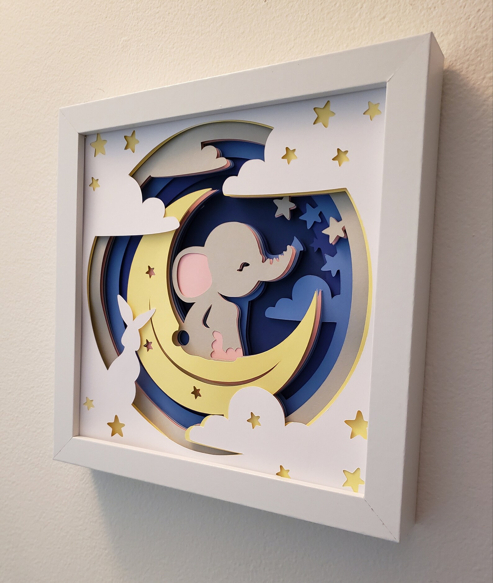 Nursery Elephant 3D Shadow Box Wall Art, Layered Premium Paper, Framed ...