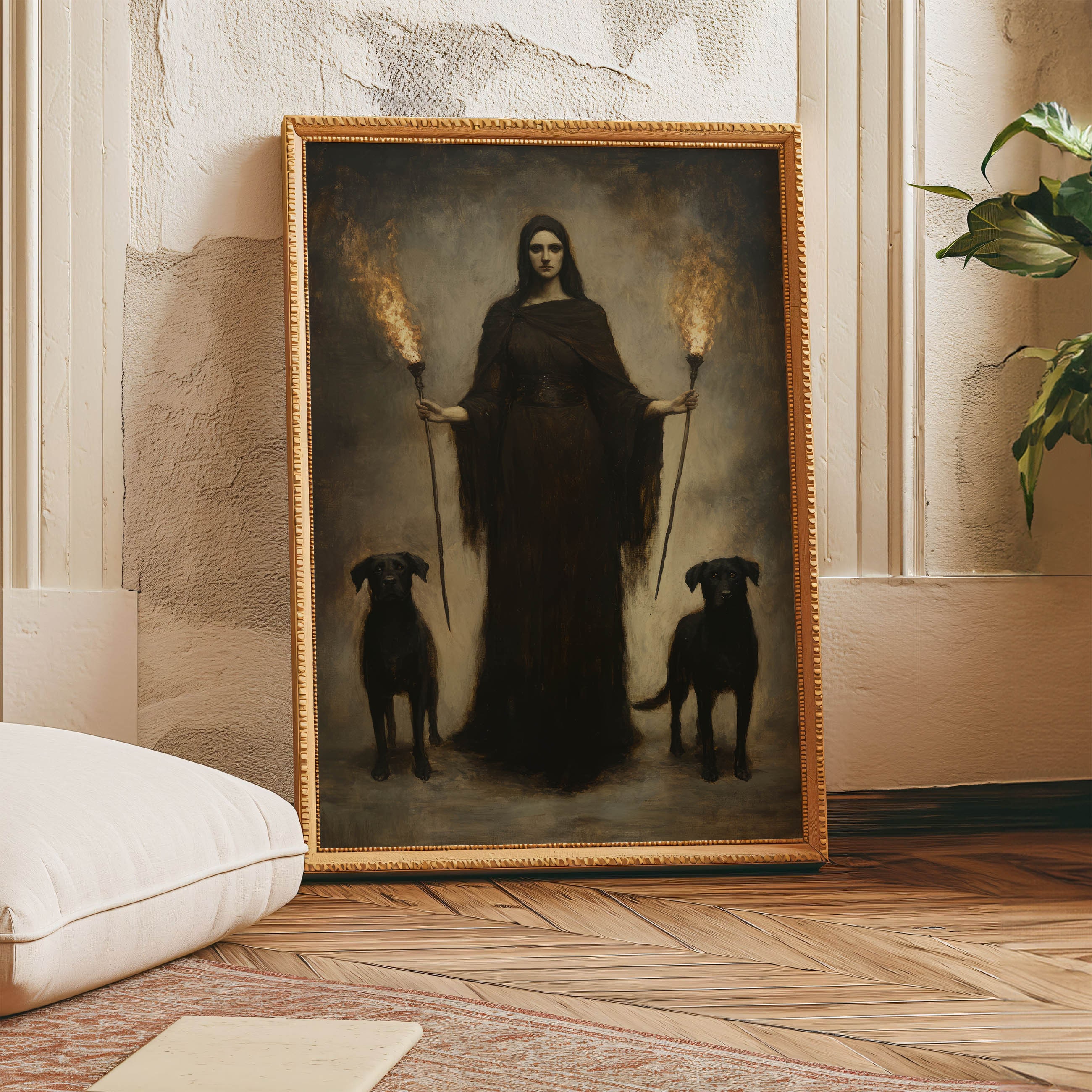 The Greek Goddess Hecate With Two Black Dogs and Torches Digital Wall ...