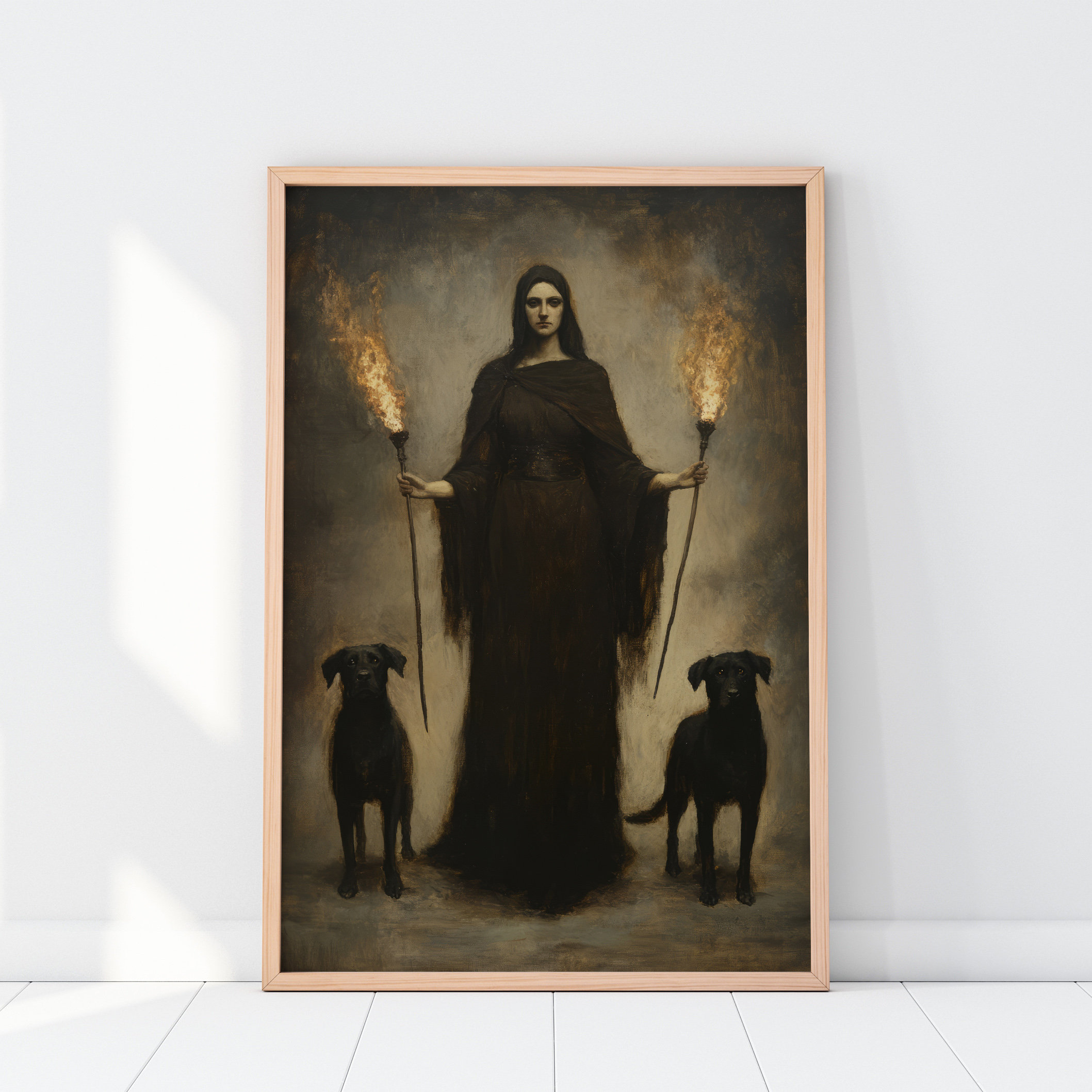 The Greek Goddess Hecate With Two Black Dogs and Torches Digital Wall ...