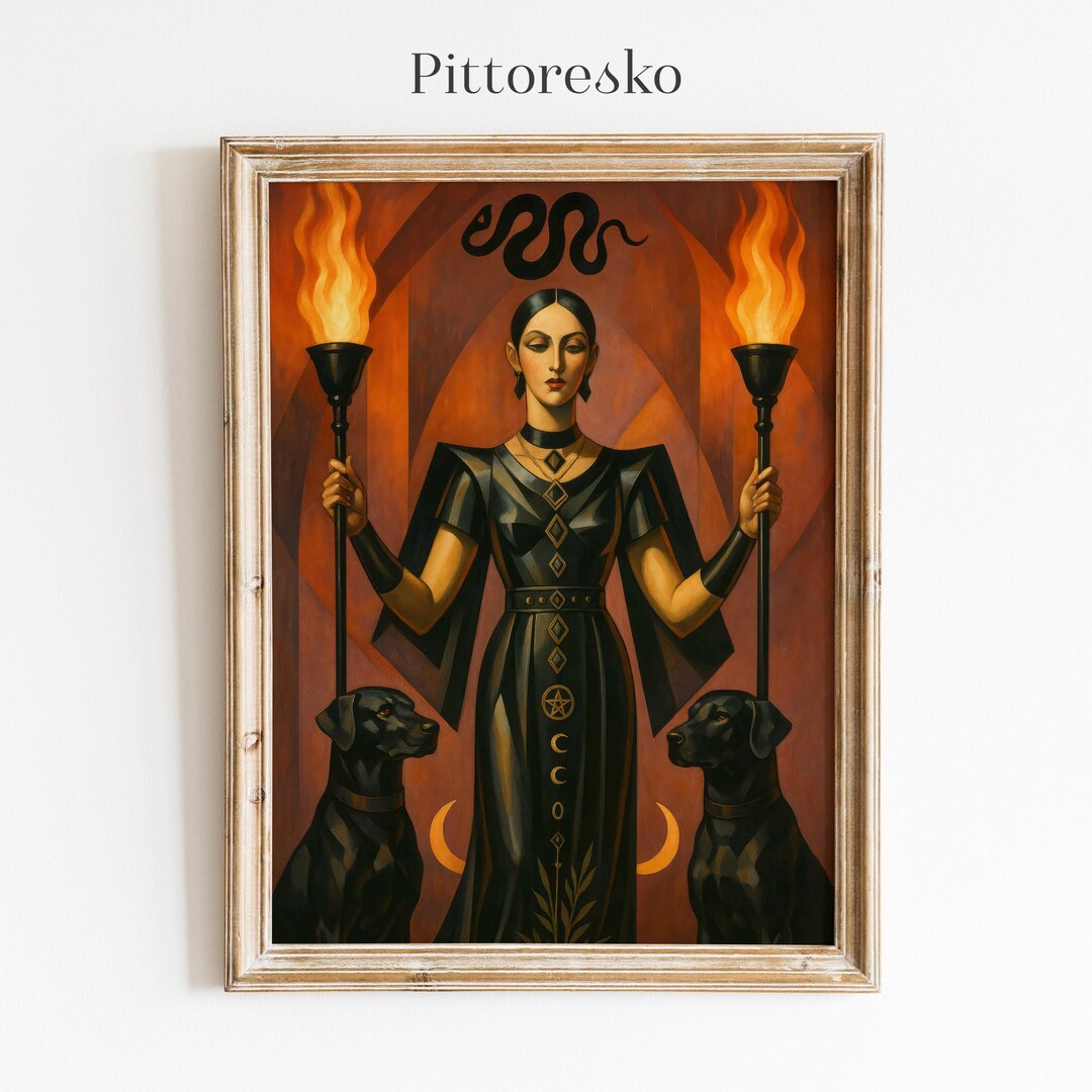 Hecate With Dogs Moon Torches and Snake Art Deco Digital Wall Art ...
