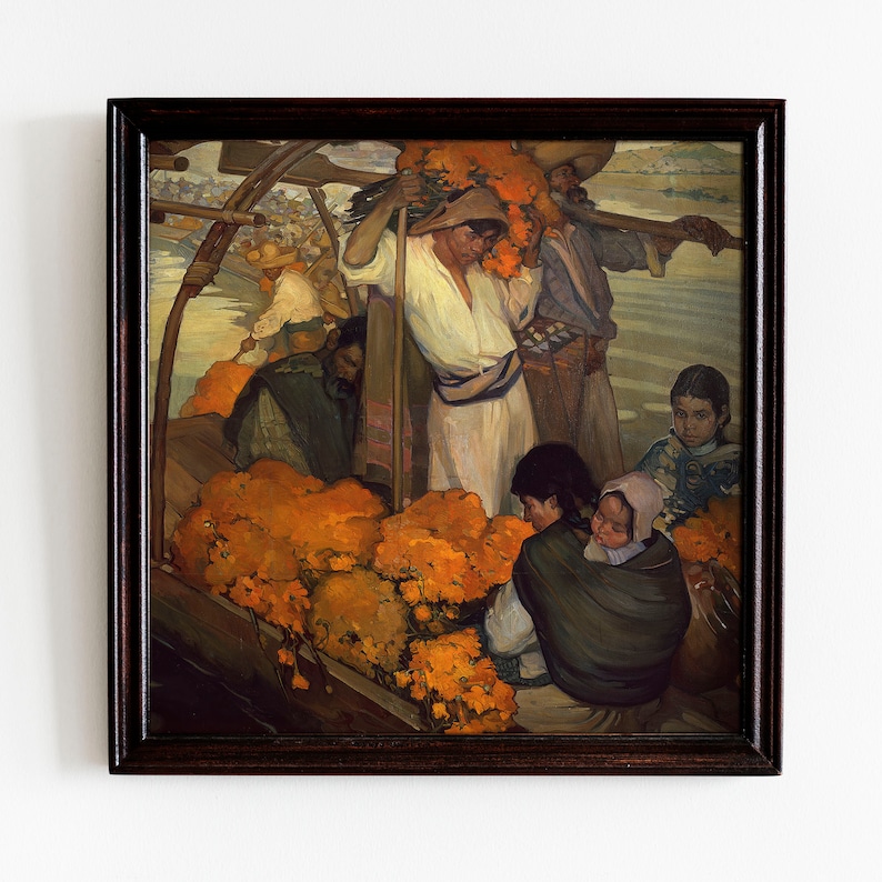 Vintage Mexican Digital Wall Art, Flowers Vendors Painting by Saturnino ...