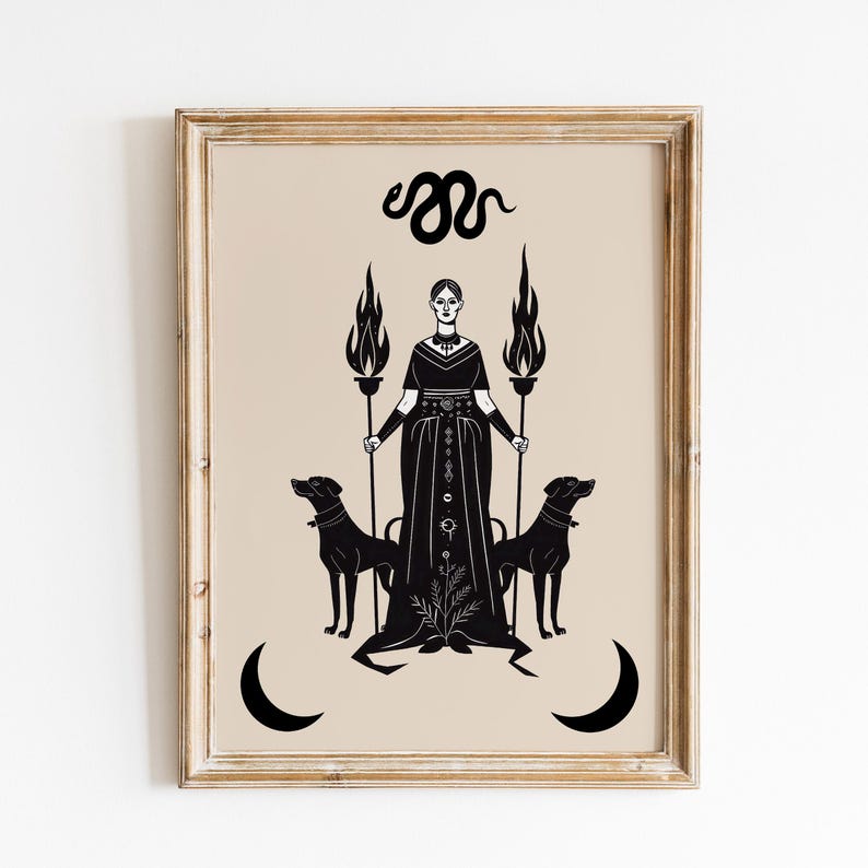 Digital Print Hecate With Black Dogs Torches Moon and Snake, Greek ...