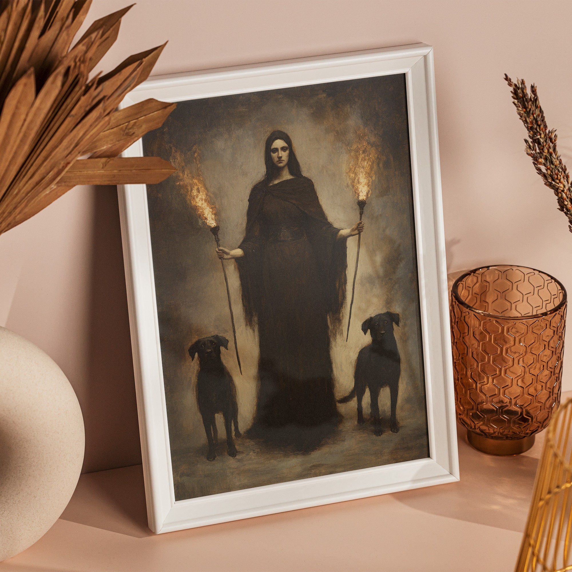The Greek Goddess Hecate With Two Black Dogs and Torches Digital Wall ...