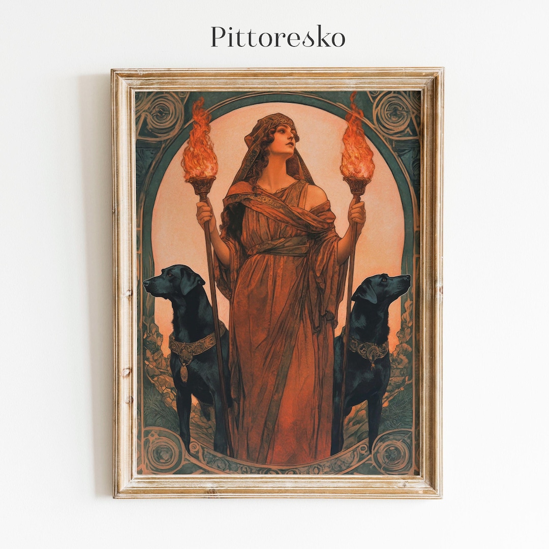 The Great Goddess Hecate With Firey Torches and Black Dogs in Alphonse ...