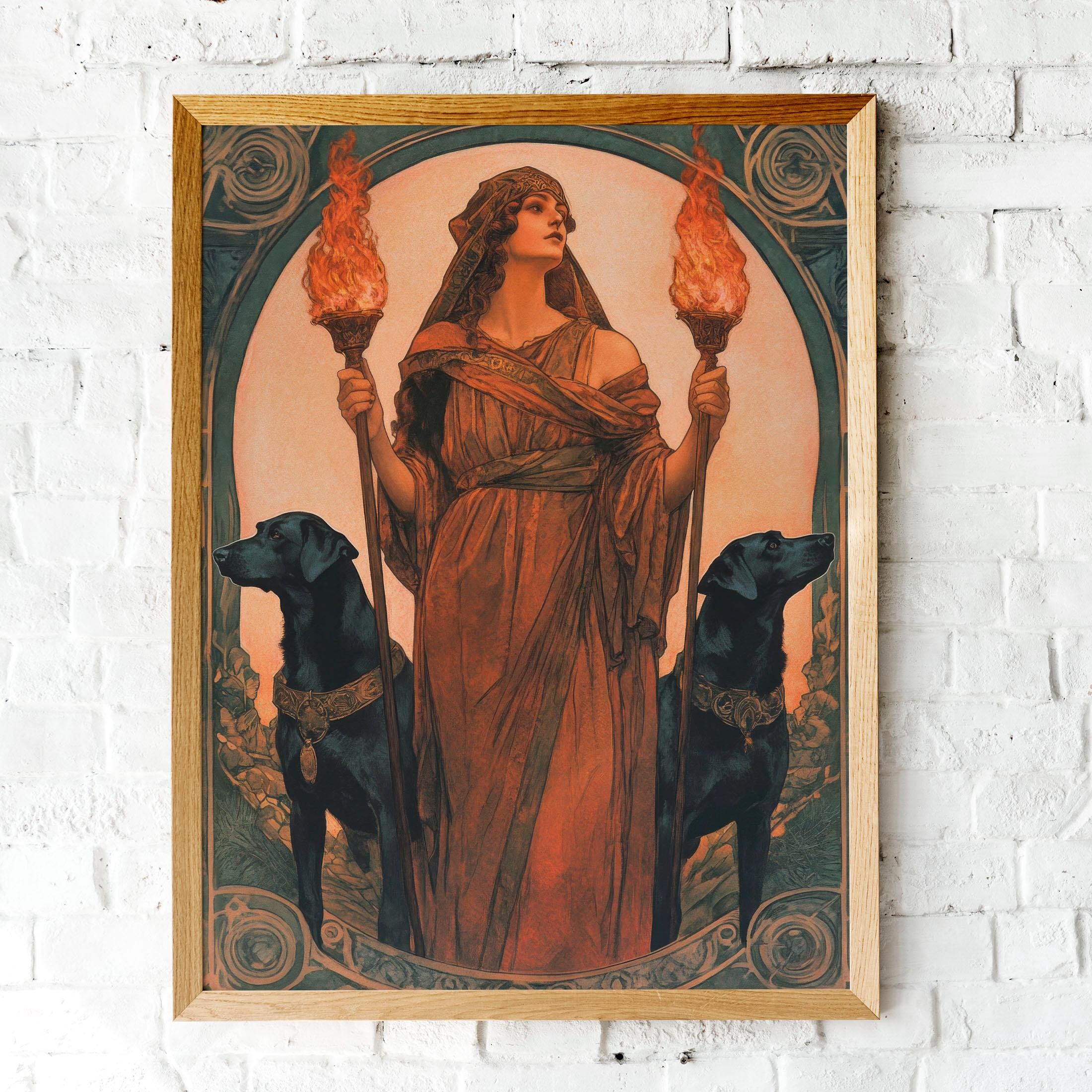 The Great Goddess Hecate With Firey Torches and Black Dogs in Alphonse ...