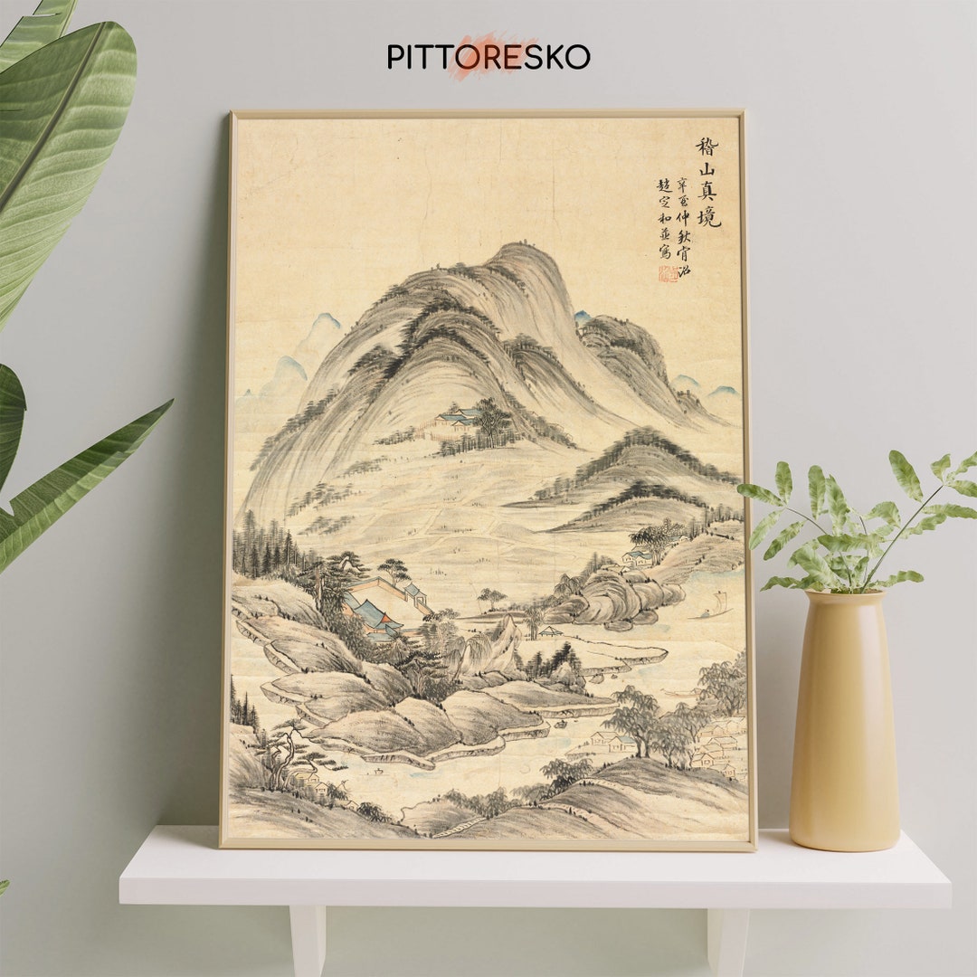 Korean Wall Art Traditional Landscape With Mountains and River - Etsy