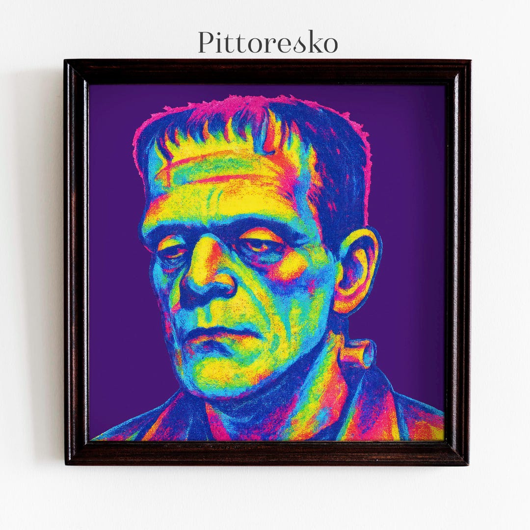Frankenstein's Creature Retro Horror Digital Wall Art, Creepy Neon ...