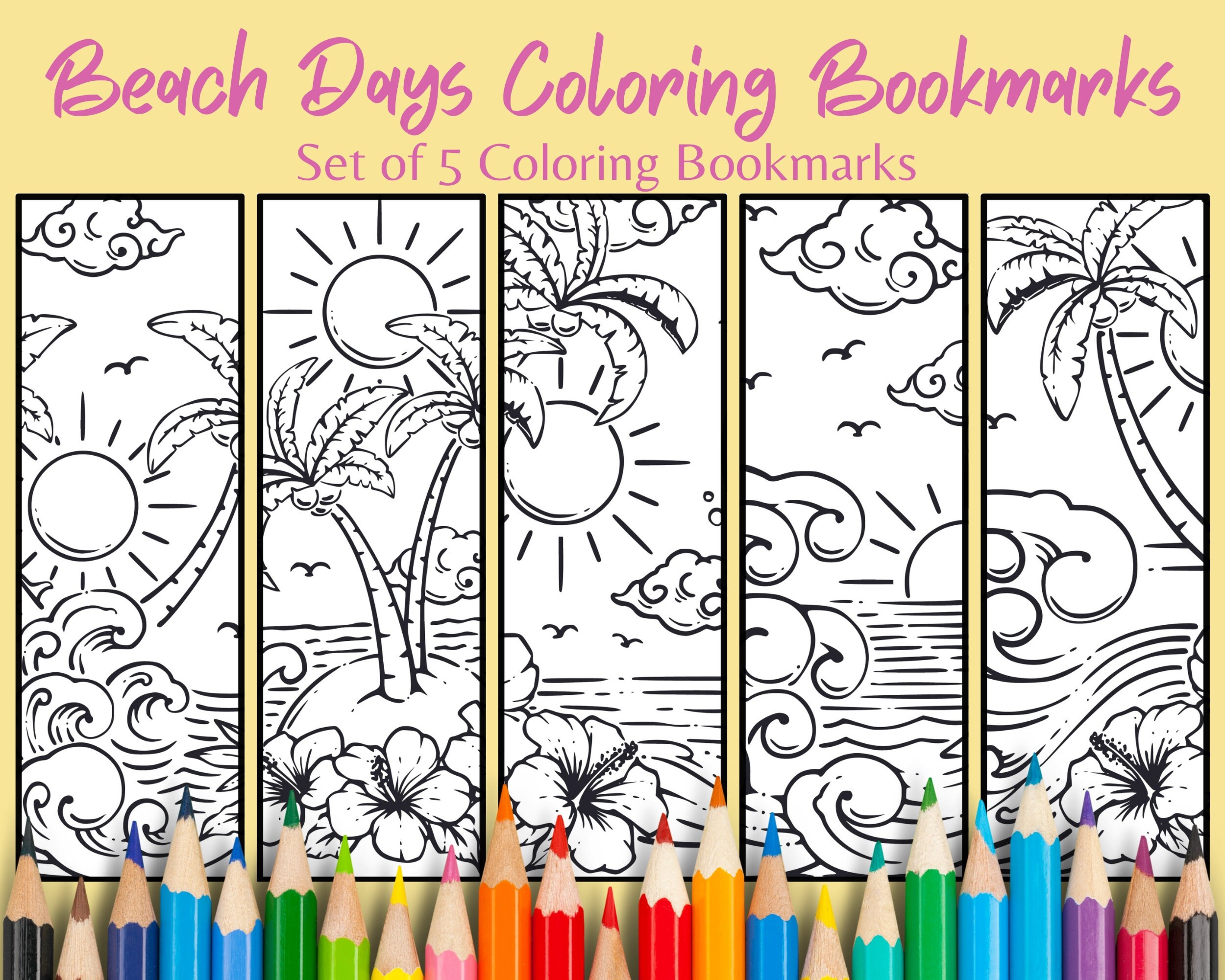 Beach Days Coloring Bookmarks, Printable Summer Bookmarks, Summer ...