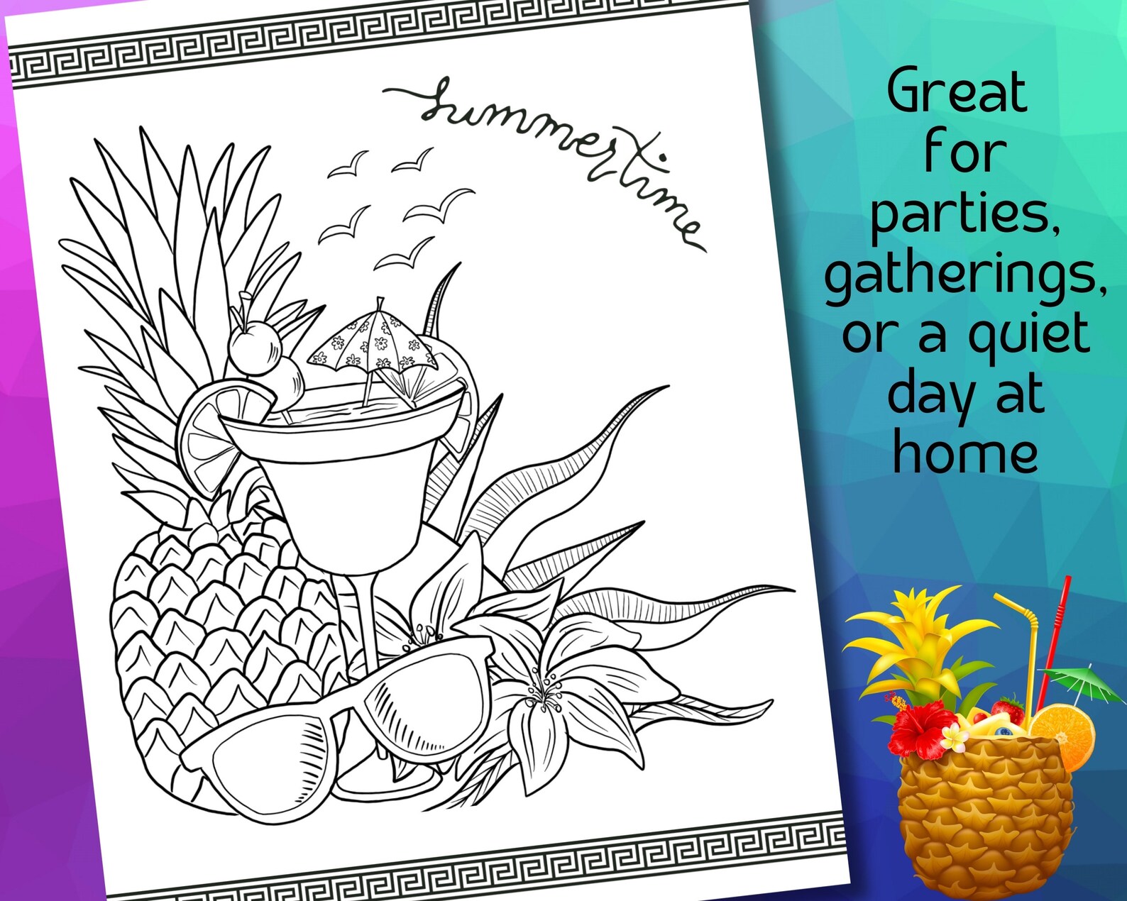 Summer Drinks Coloring Pages: DIY Cocktails, Beach Designs (digital ...