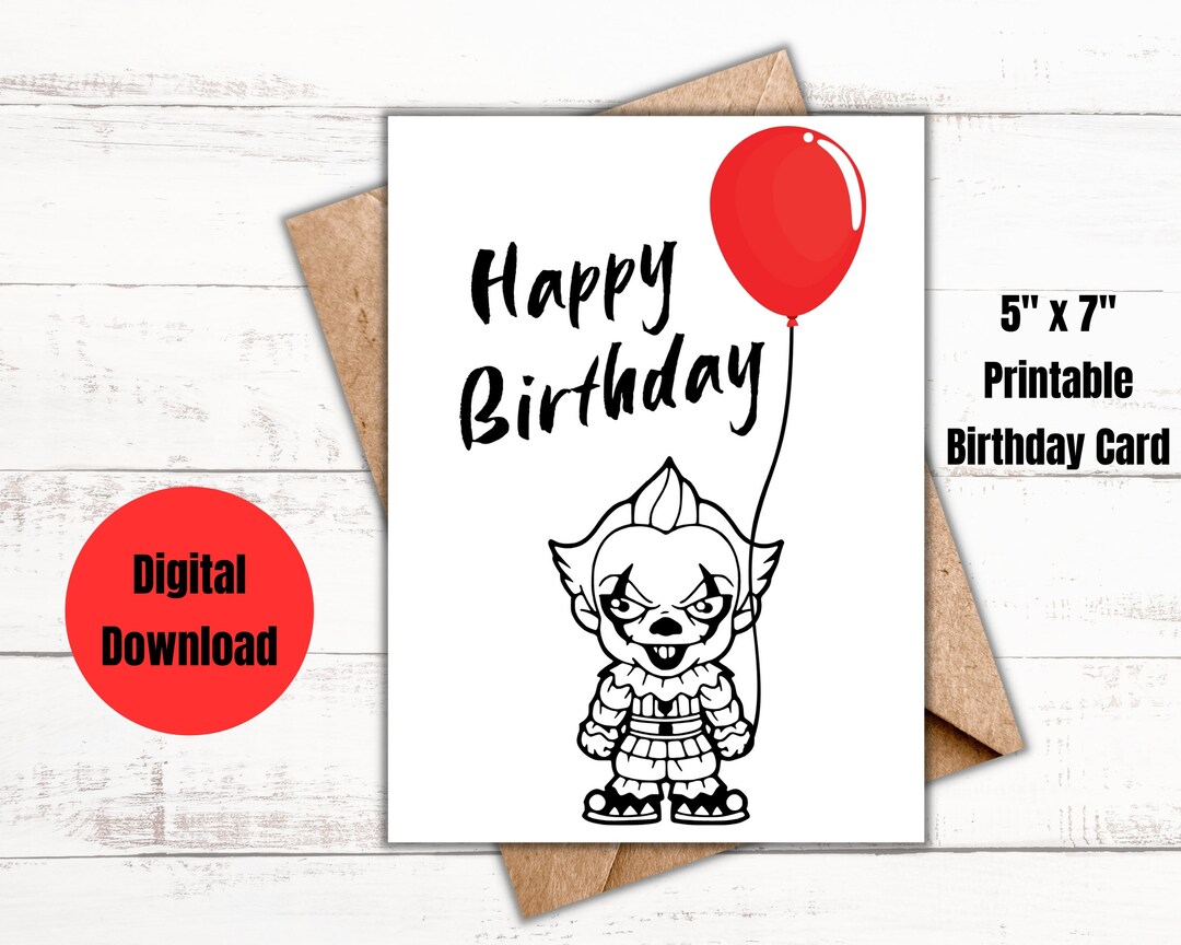 Printable Horror Birthday Card, Pennywise Clown Red Balloon, Horror ...