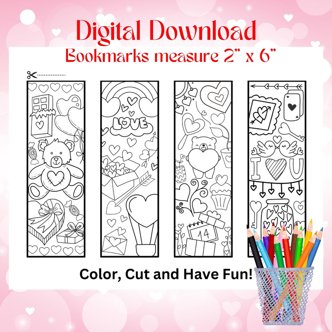 Valentine Coloring Bookmarks, Printable Valentine's Day Bookmarks ...
