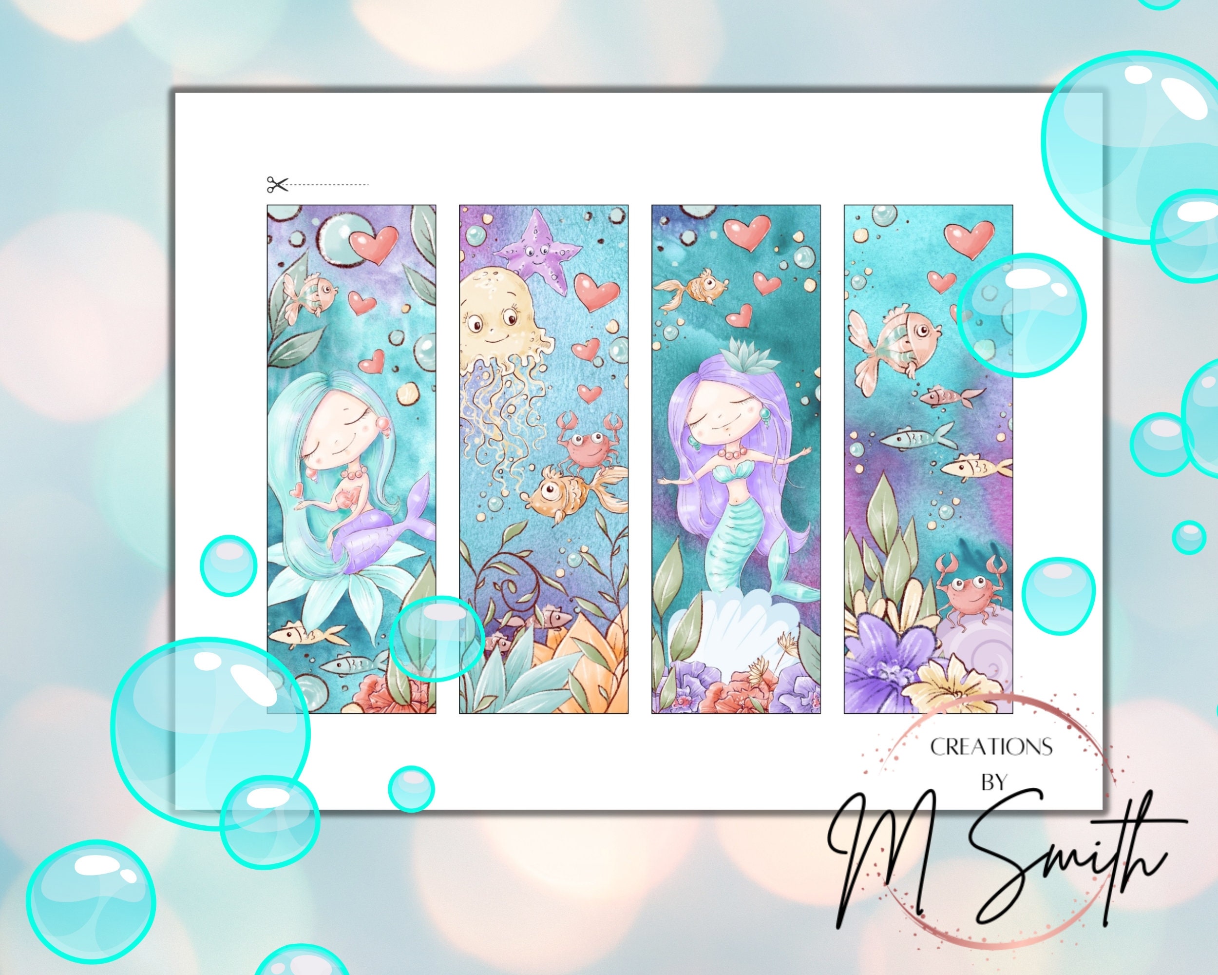 Mermaid Printable Bookmarks, Cute Mermaids, Sea Life Bookmarks, Mermaid ...