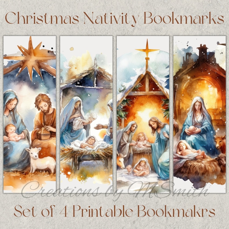 Watercolor Nativity Bookmarks: Christmas Scene, Set of 4 (digital ...