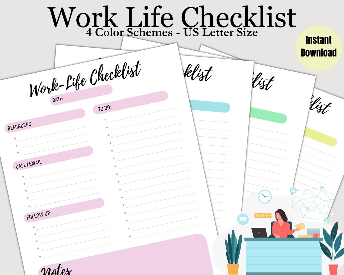 Work Life Checklist, Work Day Checklist Printable, Daily Work Planner ...