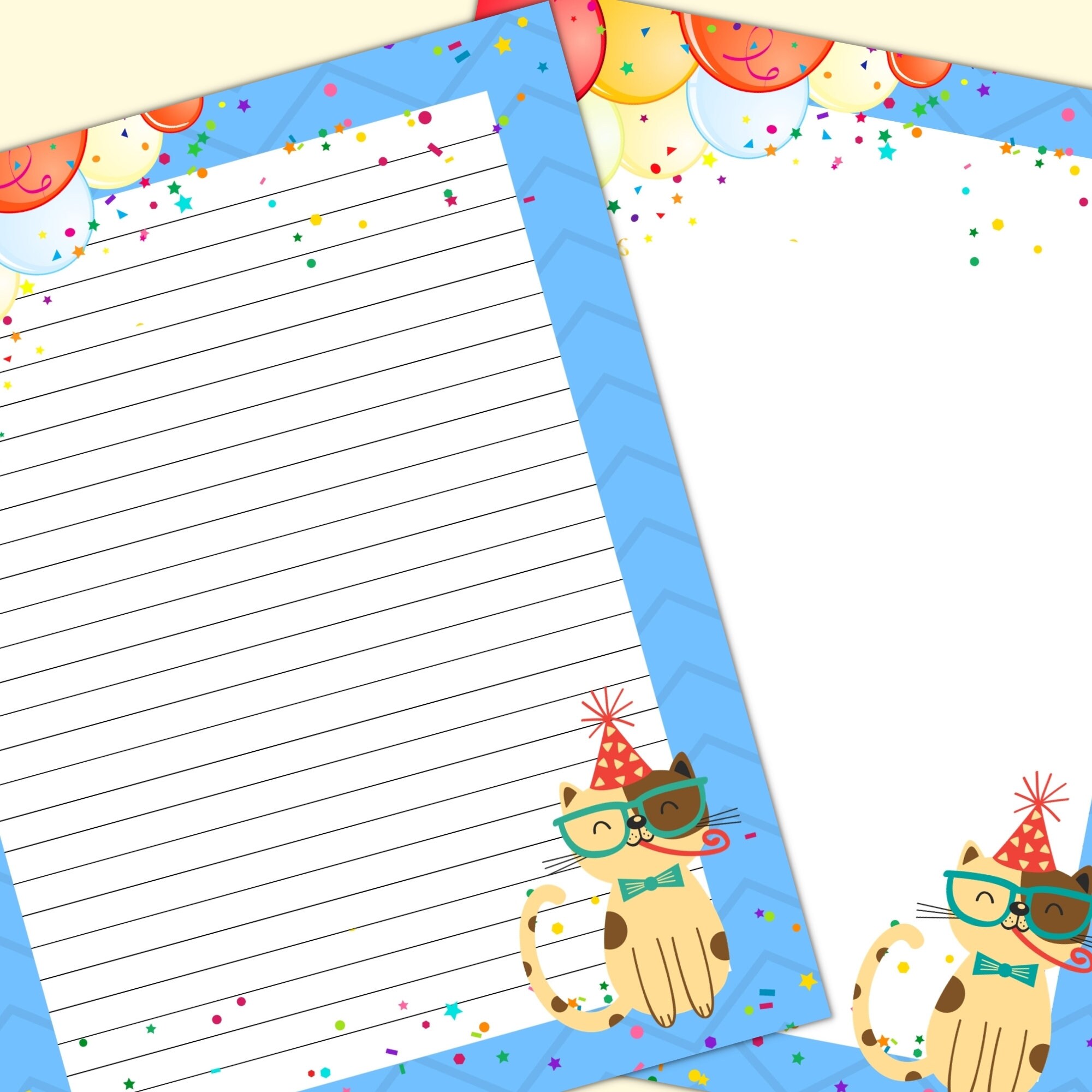 Birthday Stationery Printable, Party Cat Stationery, Lined and Unlined ...