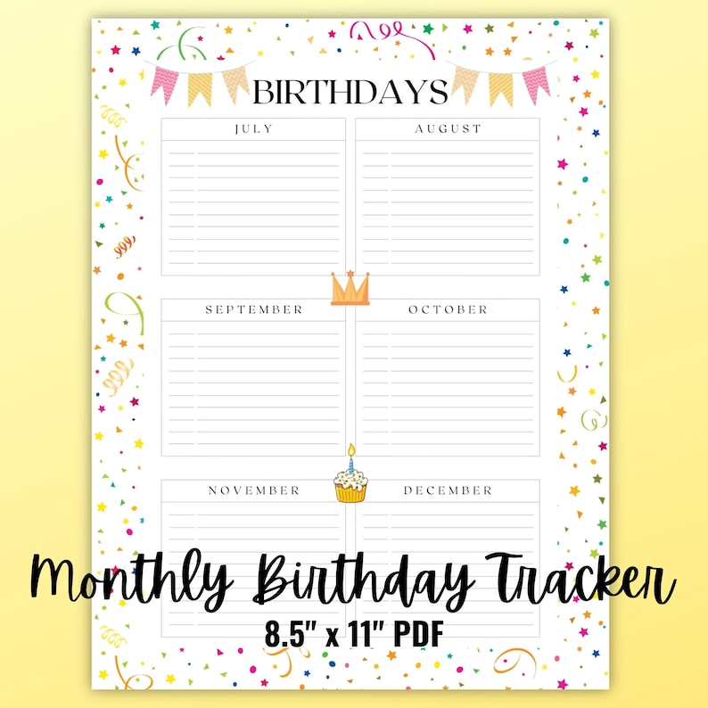 Printable Birthday Tracker: Monthly Organizer (PDF) - Etsy