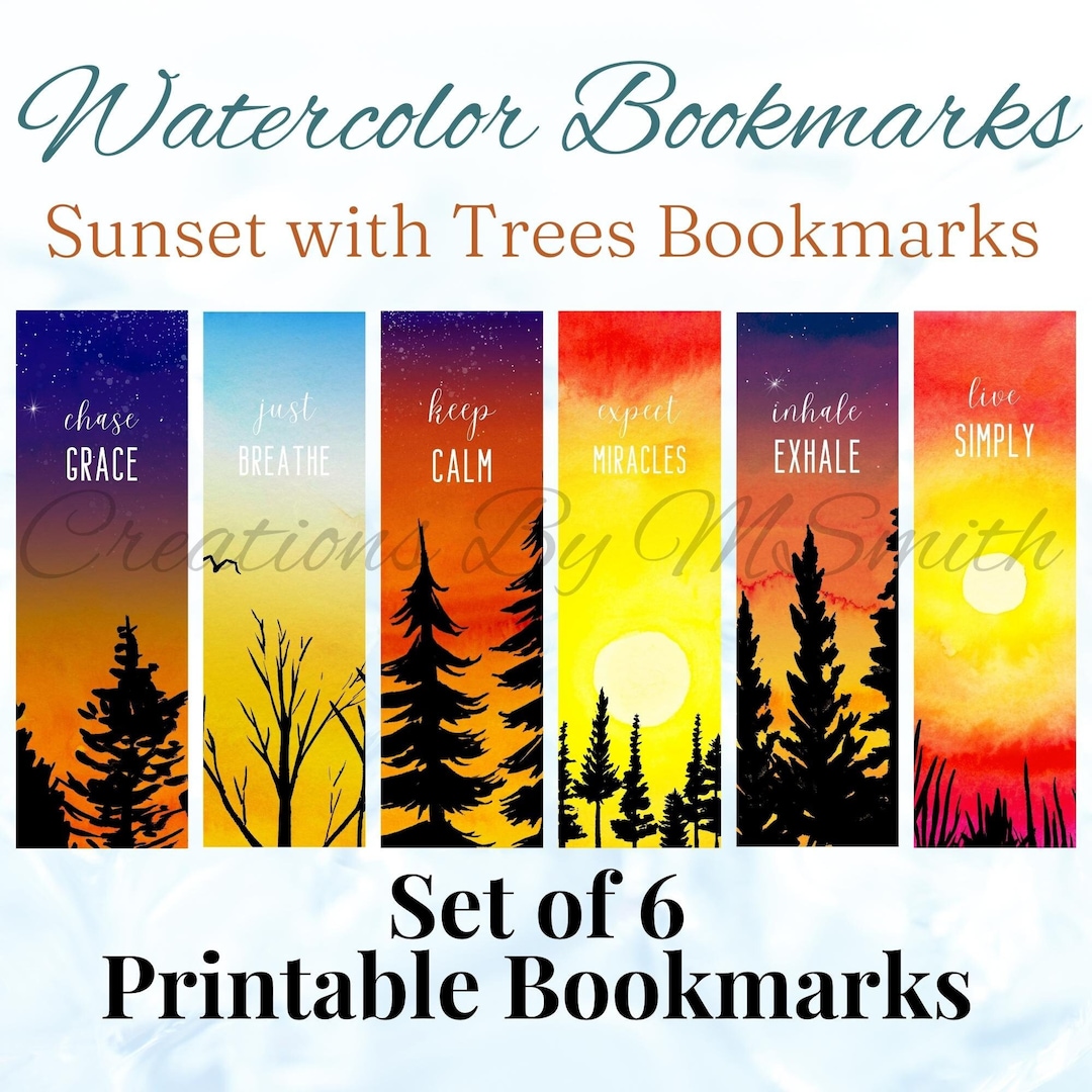 Watercolor Nature Bookmarks, Sunset, Tree Silhouette, Printable ...