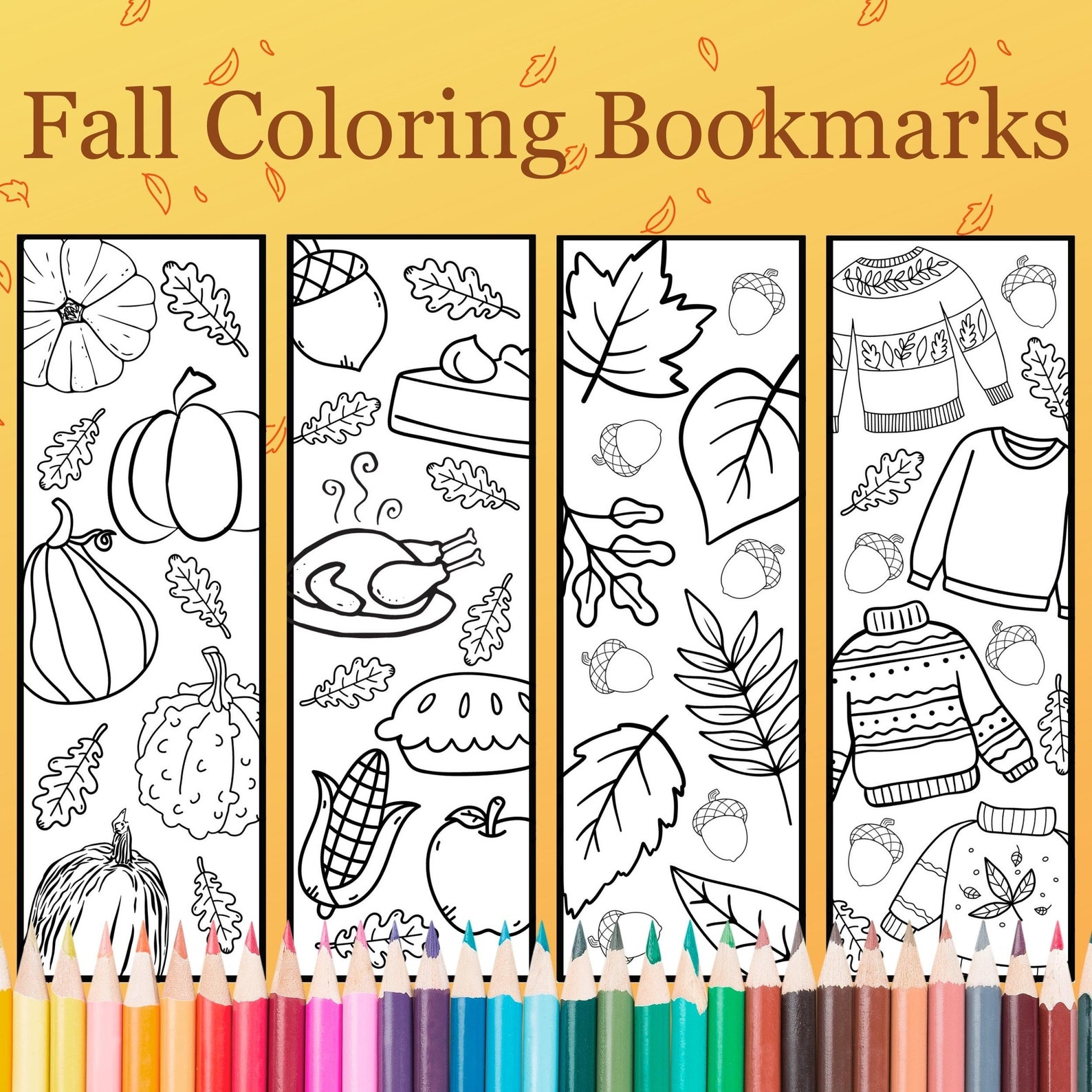 Fall Coloring Bookmarks: Autumn Leaves, Pumpkins (printable) - Etsy