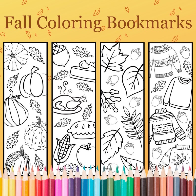 Fall Coloring Bookmarks: Autumn Leaves, Pumpkins (printable) - Etsy