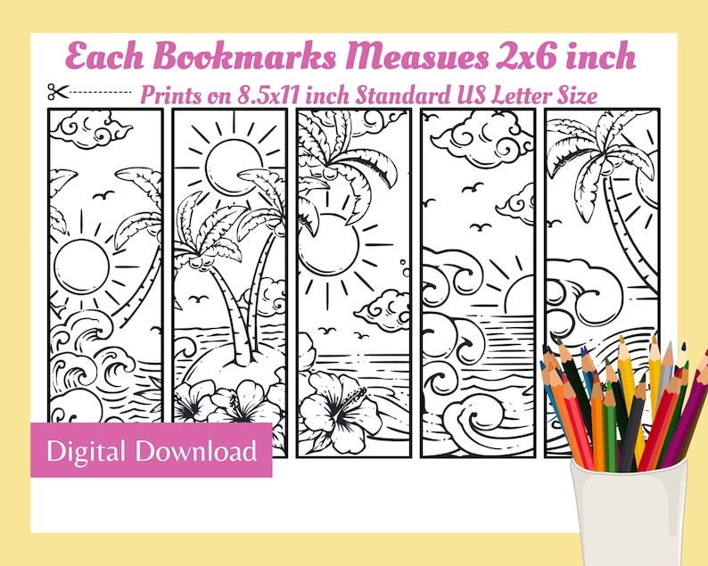 Beach Days Coloring Bookmarks, Printable Bookmarks, Summer Fun Set of 5 ...