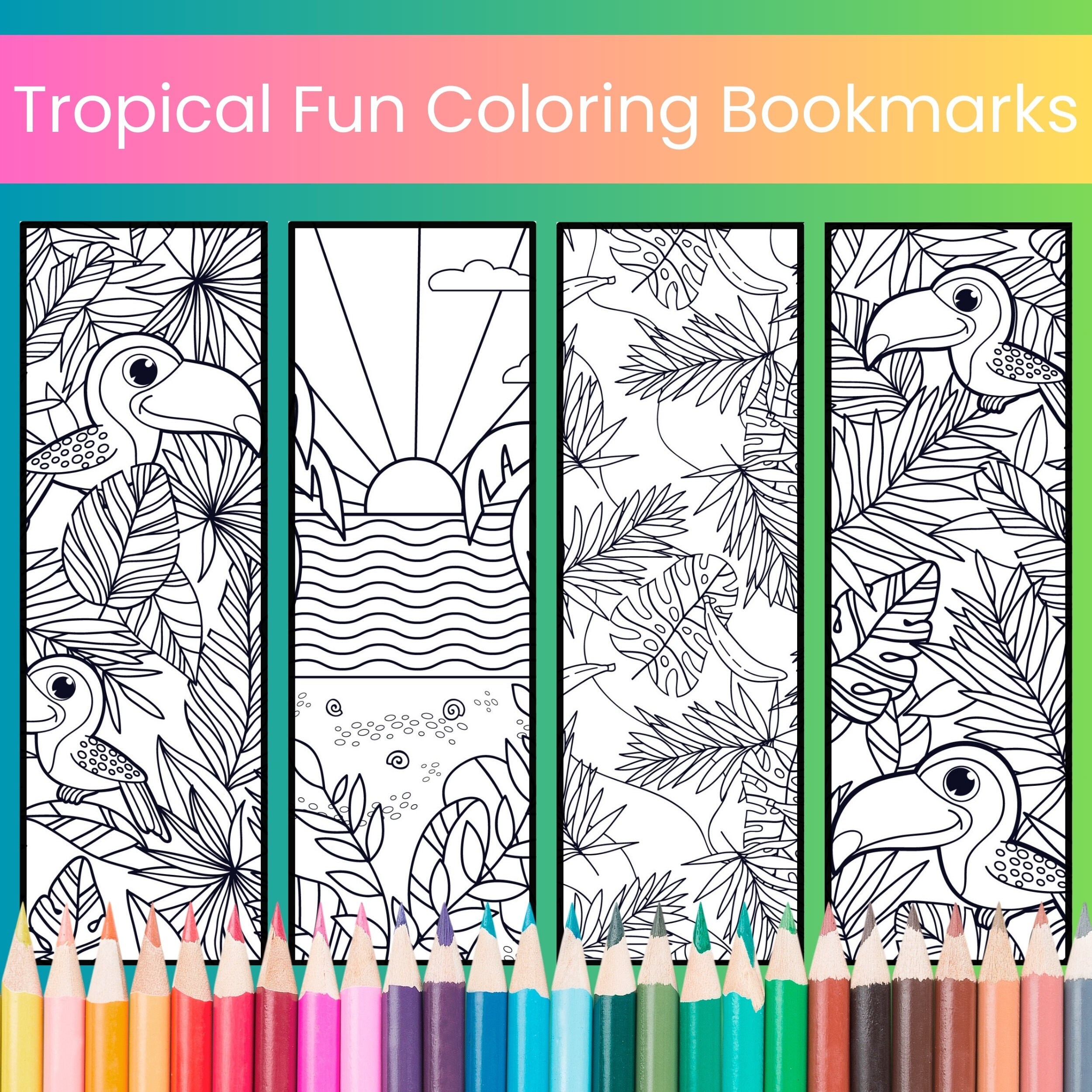 Tropical Coloring Bookmarks, Printable Summer Coloring Bookmarks, Beach ...
