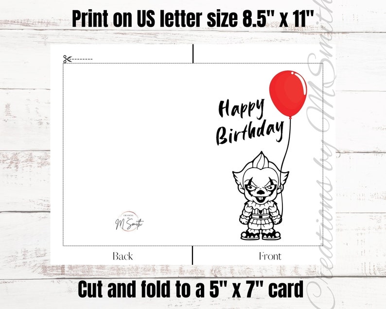 Printable Horror Birthday Card, Pennywise Clown Red Balloon, Horror ...