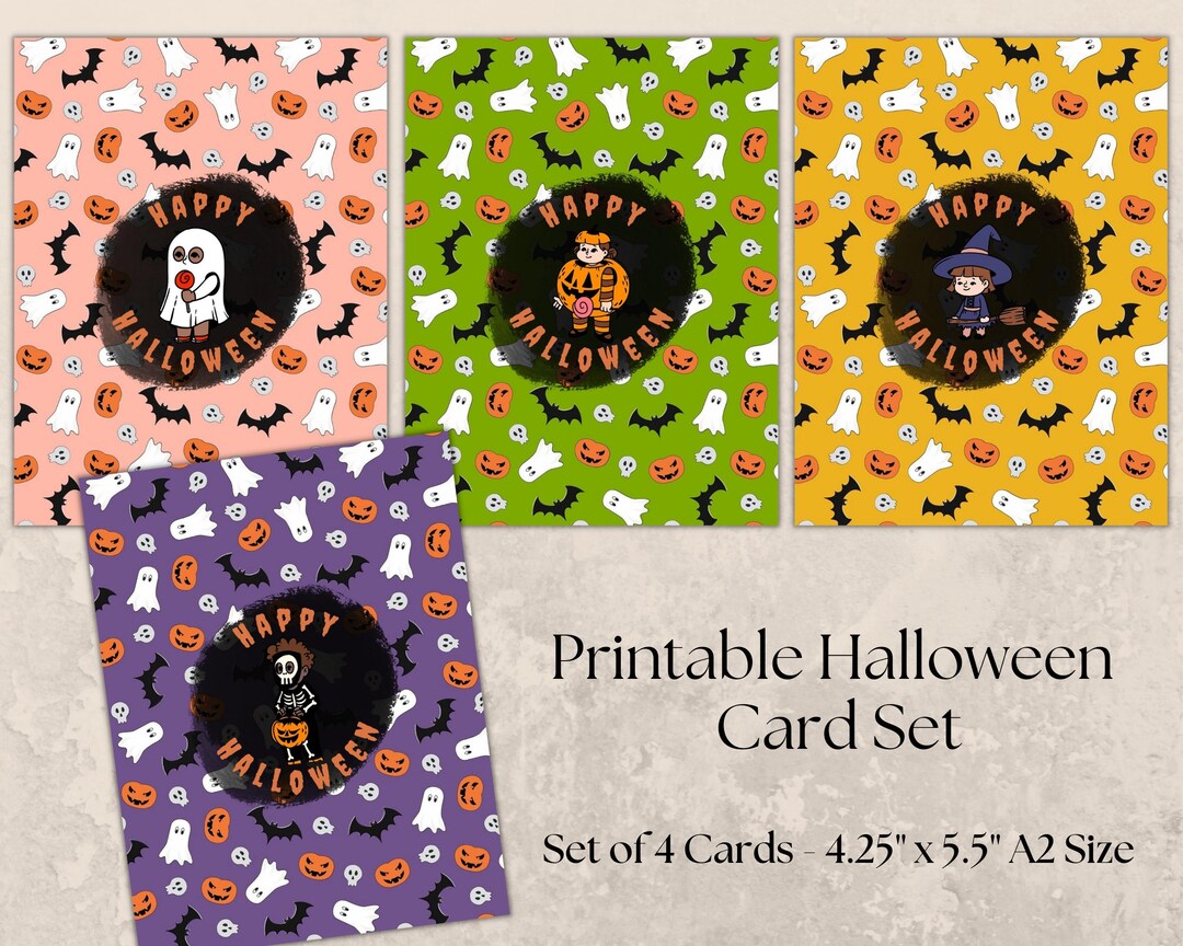 Halloween Card Set, Printable Halloween Cards, Kids Halloween ...