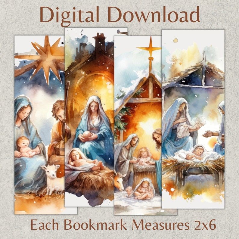 Watercolor Nativity Bookmarks: Christmas Scene, Set of 4 (digital ...