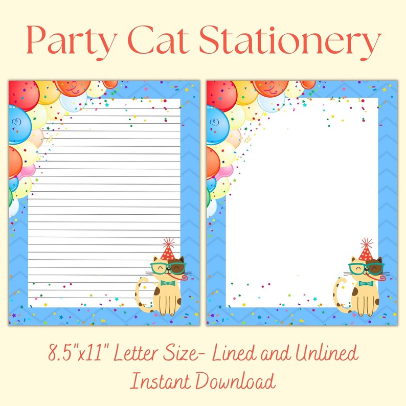 Birthday Stationery Printable, Party Cat Stationery, Lined and Unlined ...