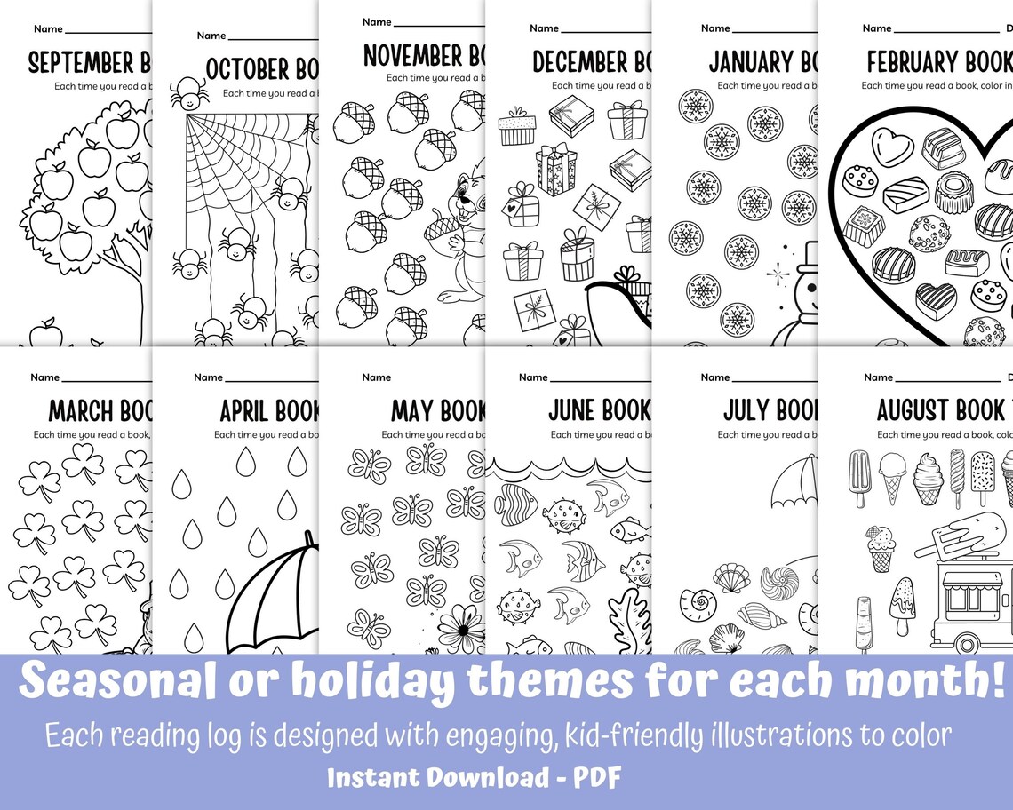Monthly Reading Trackers for Kids, Yearlong Reading Log, Track and ...