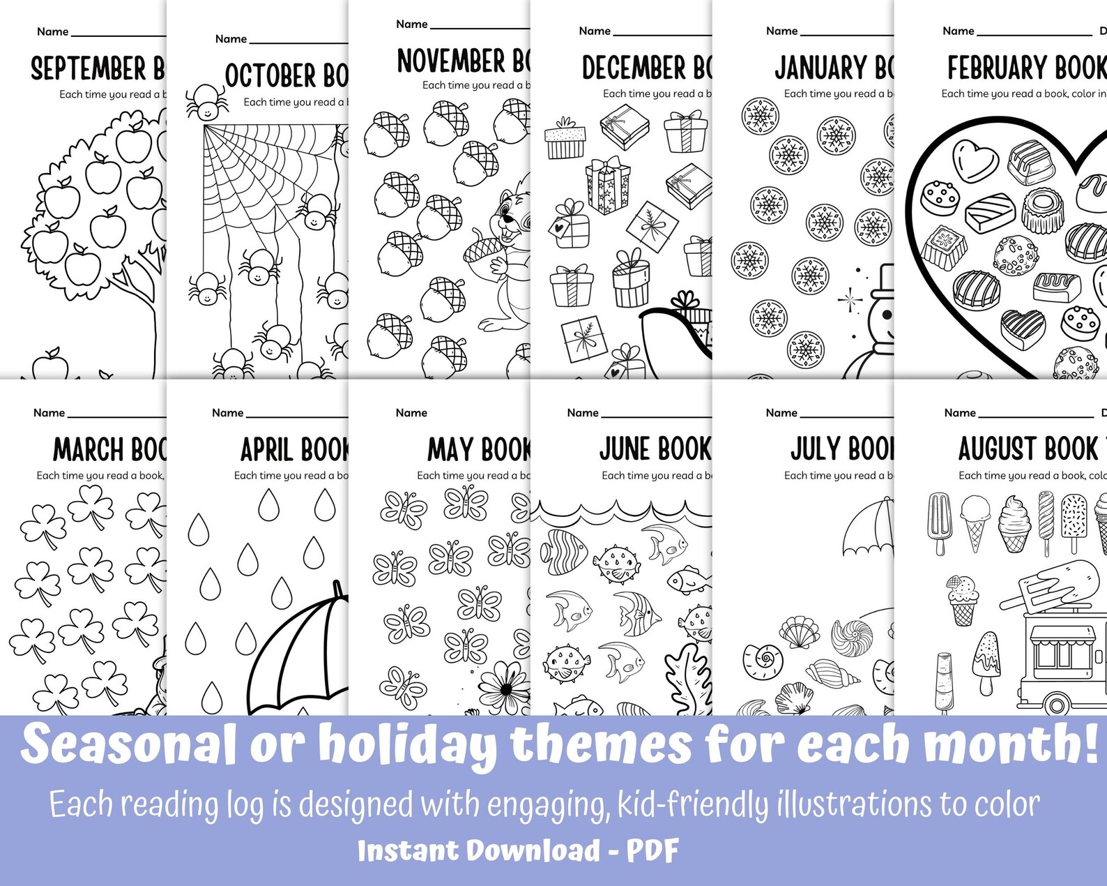Monthly Reading Trackers for Kids, Yearlong Reading Log, Track and ...