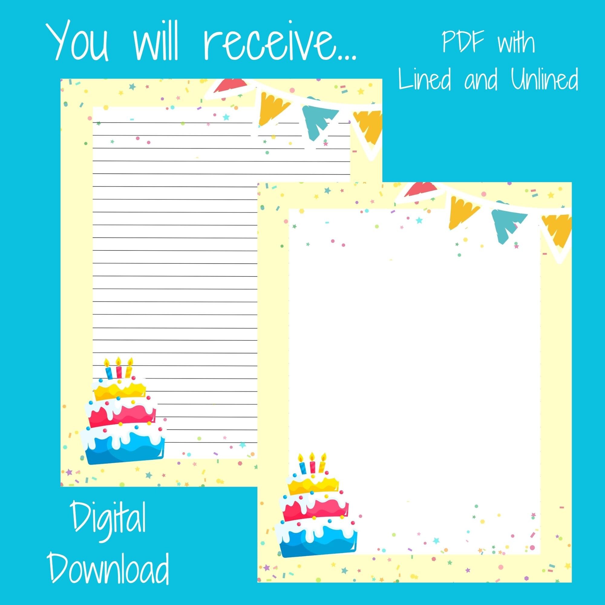 Printable Stationery, Birthday Stationery Printable, Lined and Unlined ...