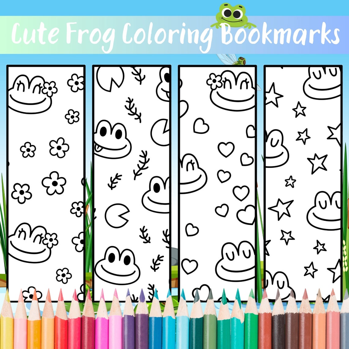 Cute Frog Coloring Bookmarks, Frog Themed Bookmarks, Printable Frog ...