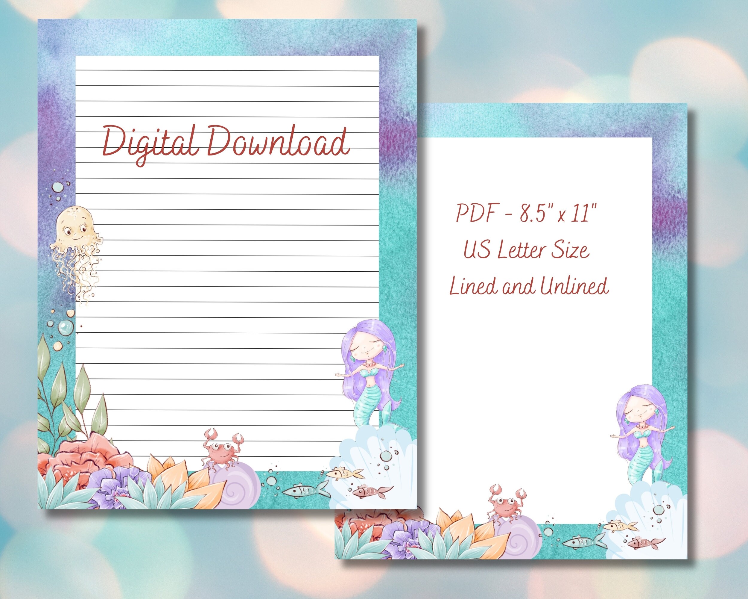 Mermaid Writing Paper, Sea Life Stationery, Kids Creative Writing Paper ...